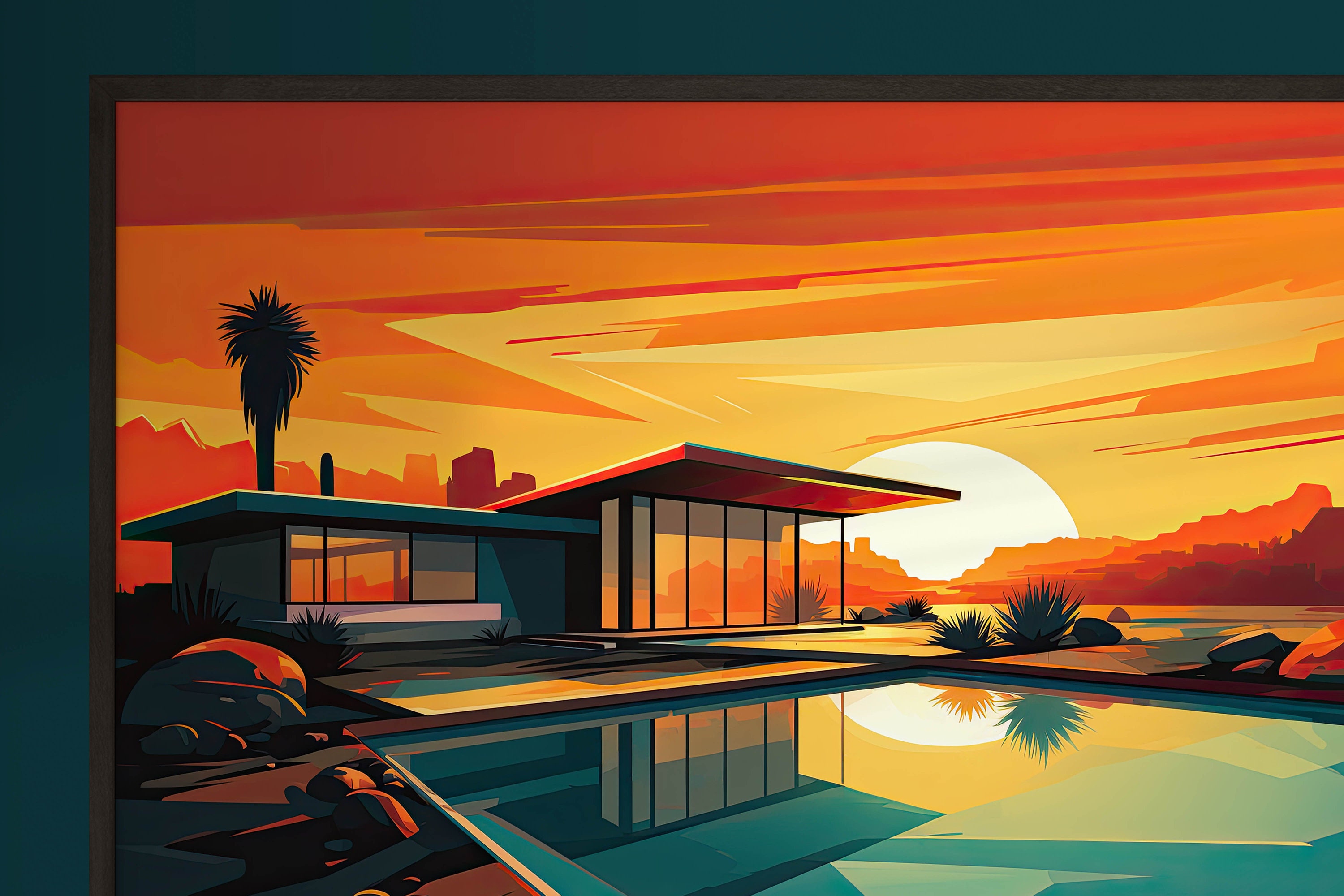 Desert Twilight Art, Sunset Pool Scene, Mid-century Modern Inspired ...