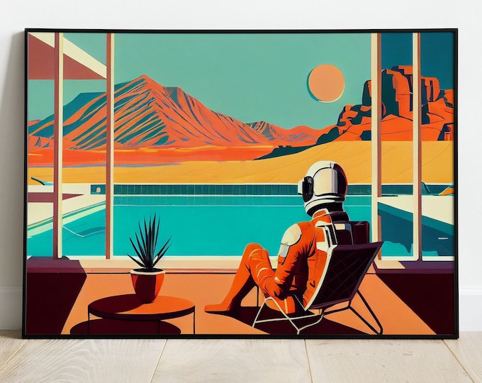 Mid Century Poolside Scene, Astronaut Relaxing on Mars Art, Instant ...