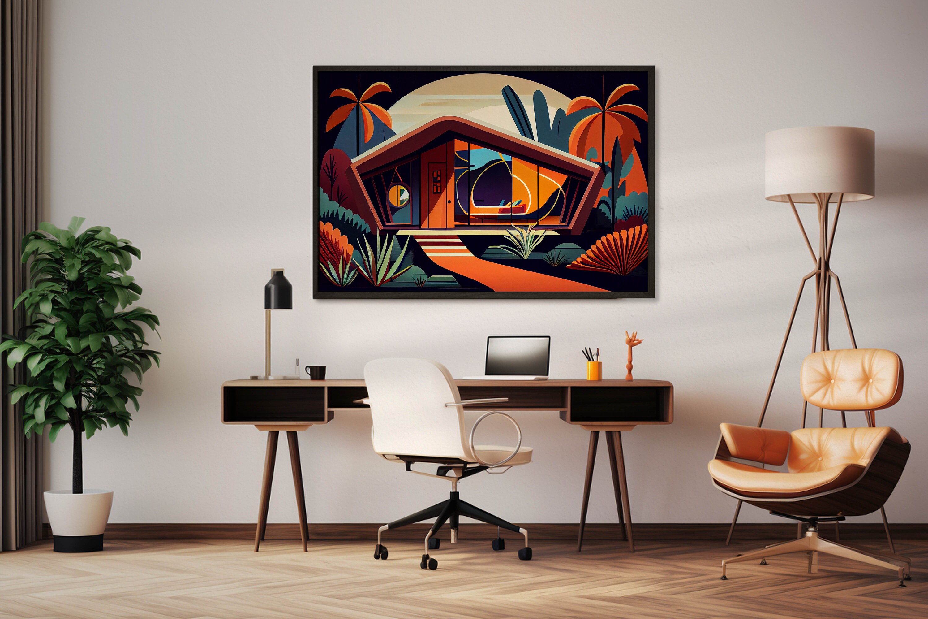 Tropical Mid-century Modern Home Art Print | Hawaiian Sunset & Palm ...
