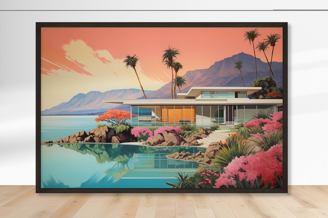Mid Century Architectural Print, Modern Home Elevation With Sunset ...