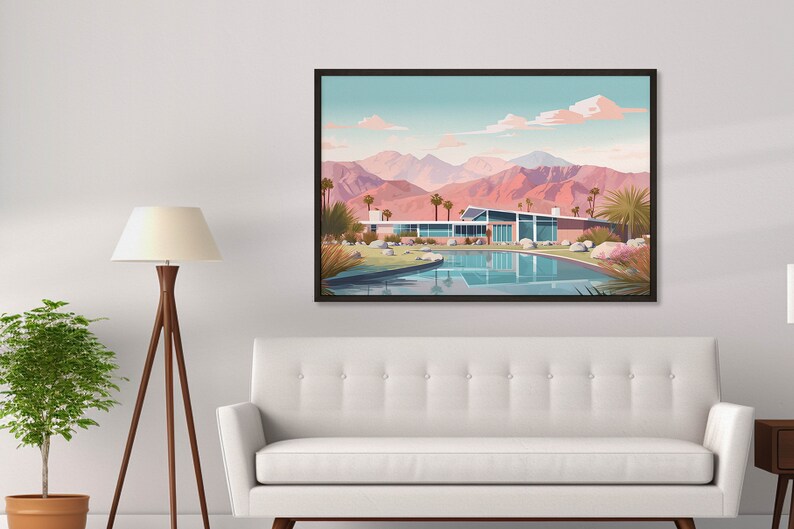 Painted Desert Ranch Art, Pool and Pastel Mountain Landscape, Mid ...