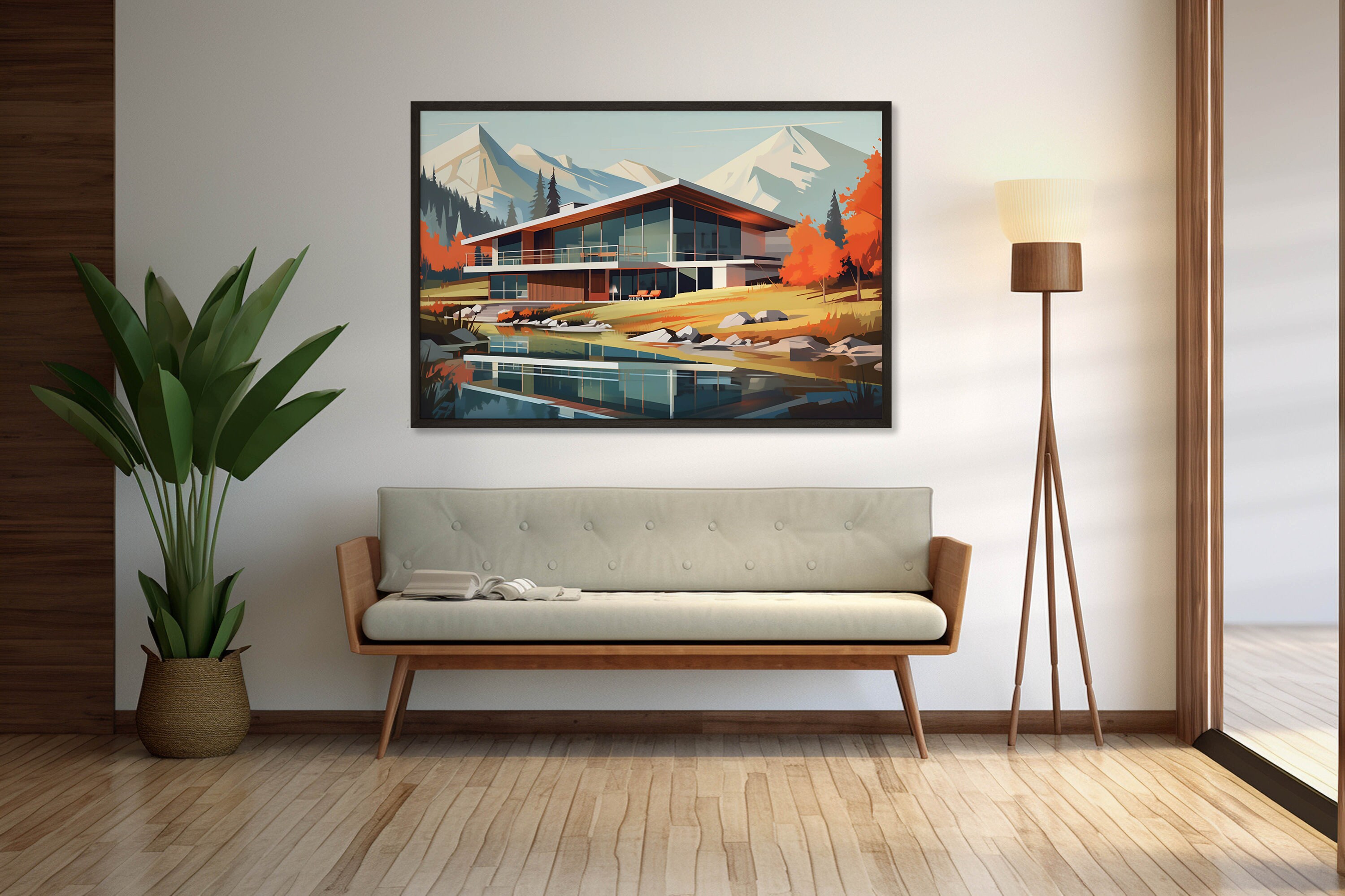 Montana Riverside Retreat Art, Mid-century Modern Inspired Digital ...
