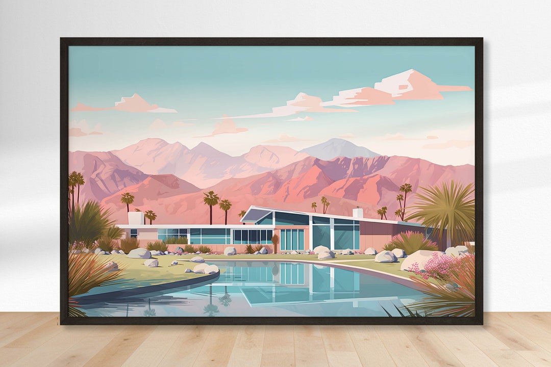 Painted Desert Ranch Art, Pool and Pastel Mountain Landscape, Mid ...