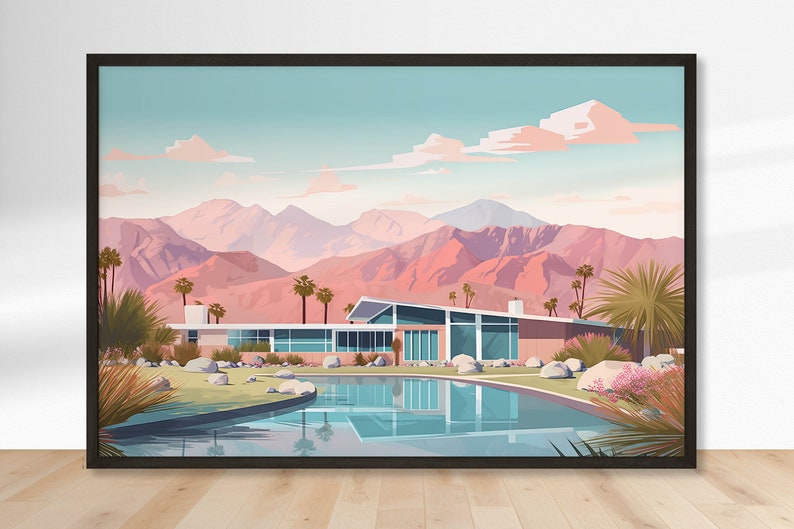 Painted Desert Ranch Art, Pool and Pastel Mountain Landscape, Mid ...