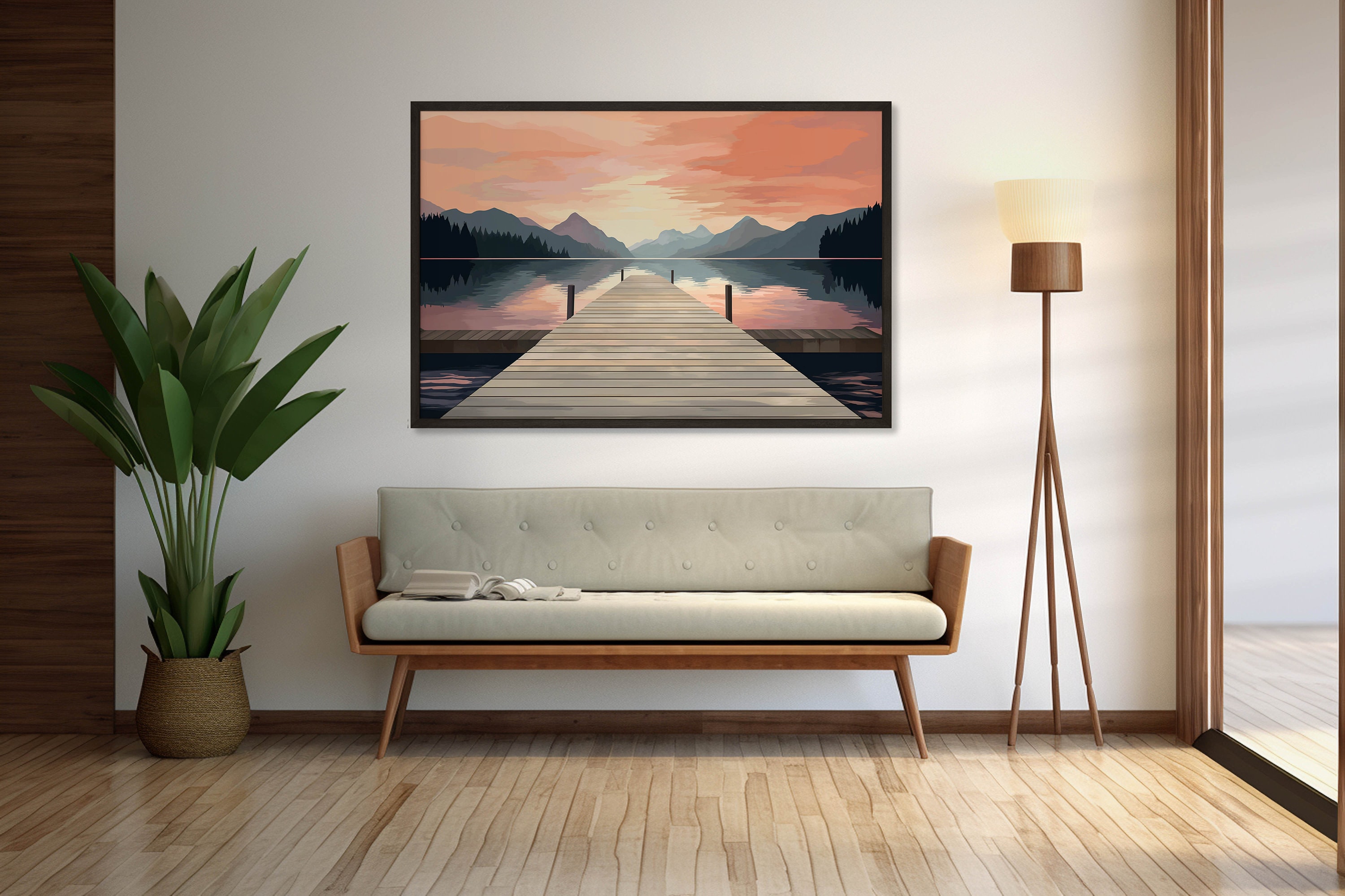 Lakeside Dock Art, Mid-century Modern Inspired Digital Print, Instant ...