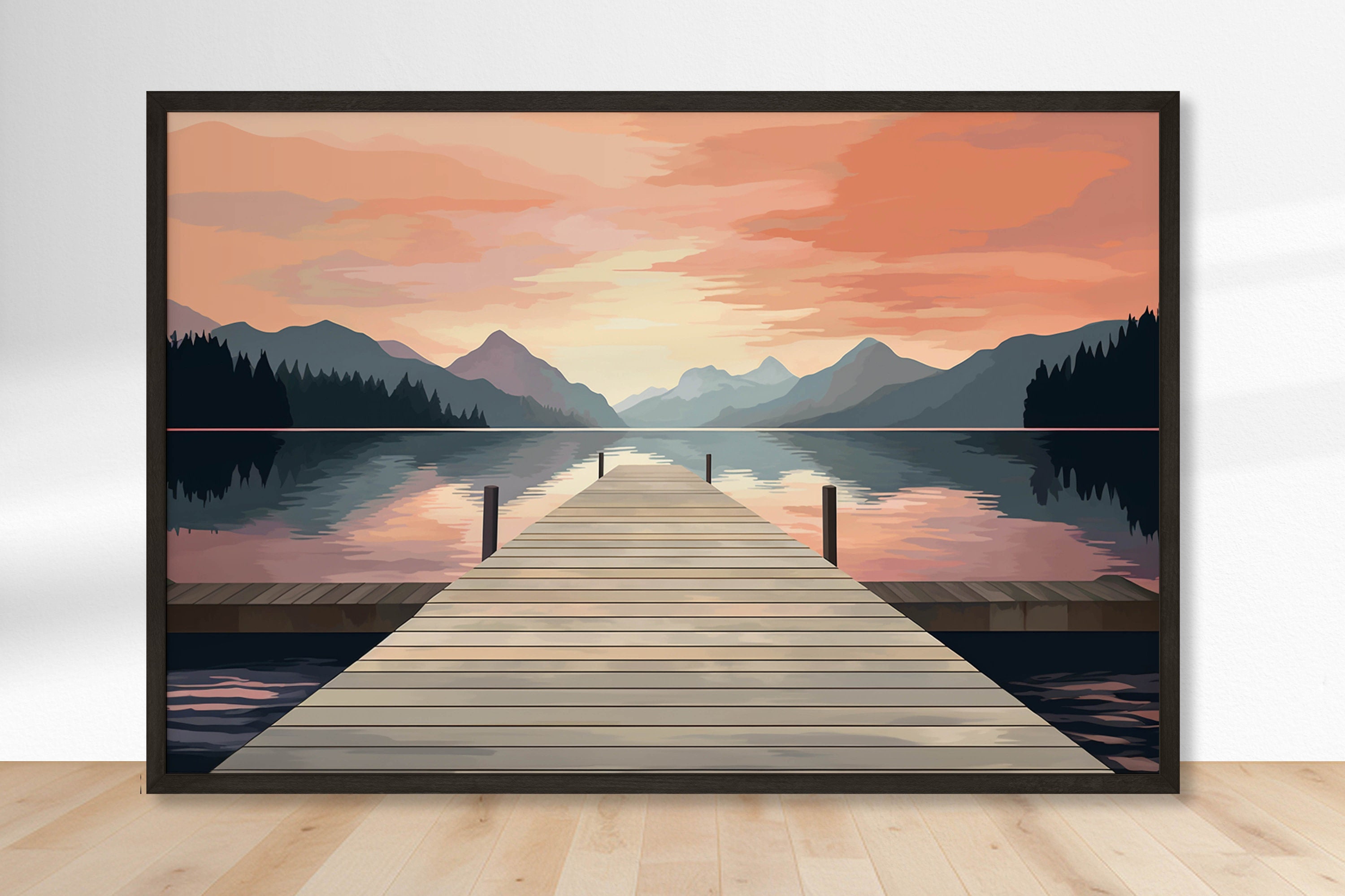 Lakeside Dock Art, Mid-century Modern Inspired Digital Print, Instant ...