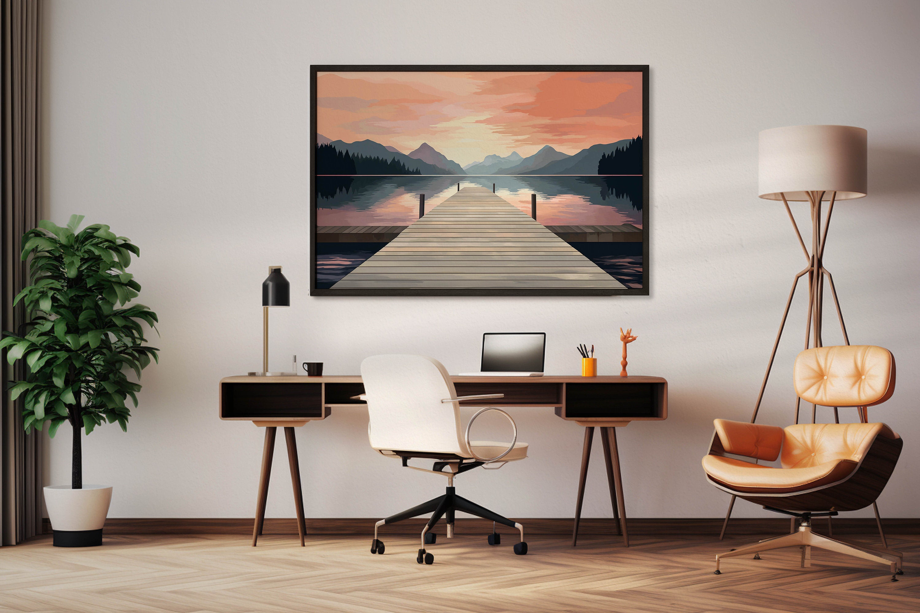 Lakeside Dock Art, Mid-century Modern Inspired Digital Print, Instant ...