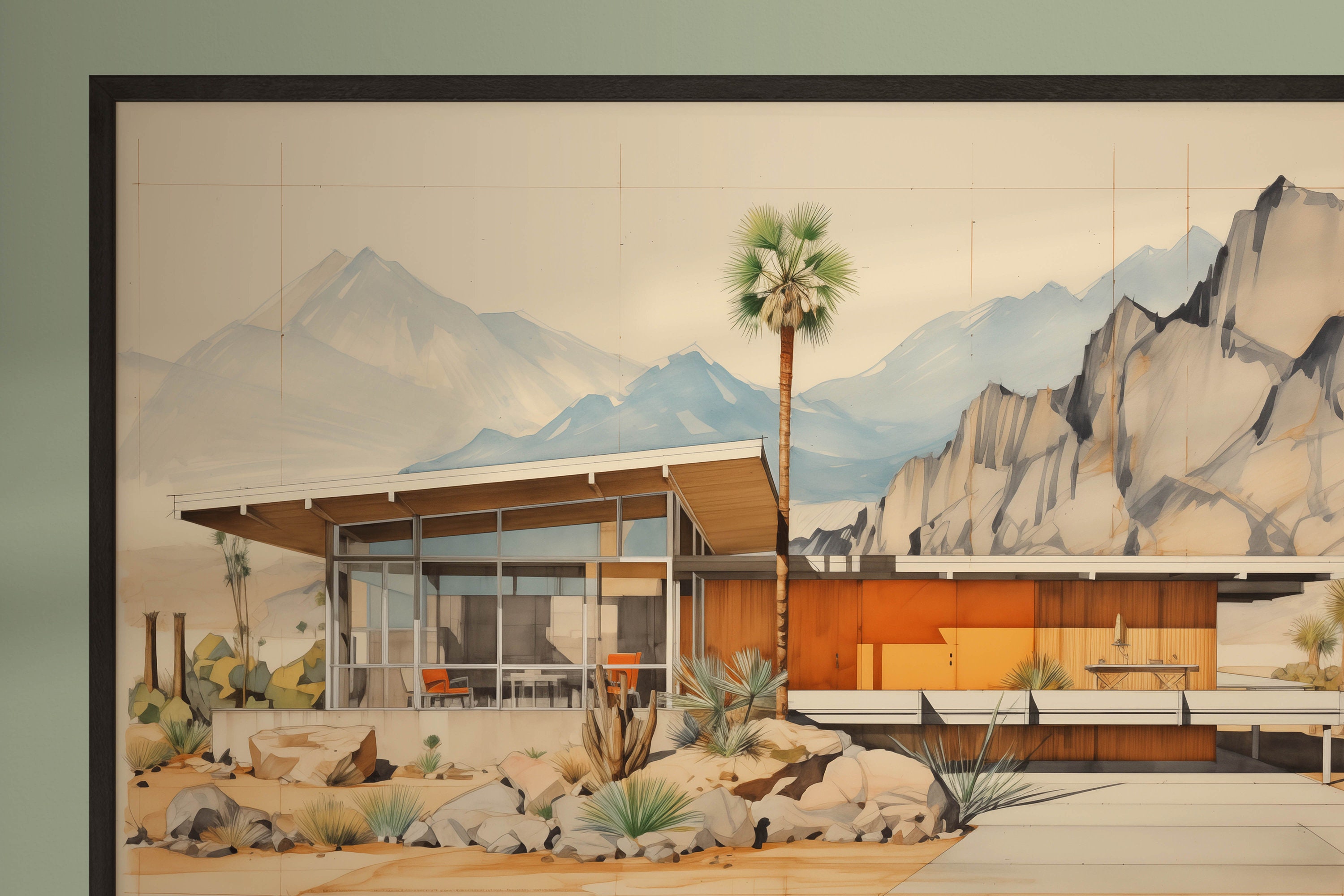 Desert Mid-century Modern Home Art - Architectural Illustration Print ...