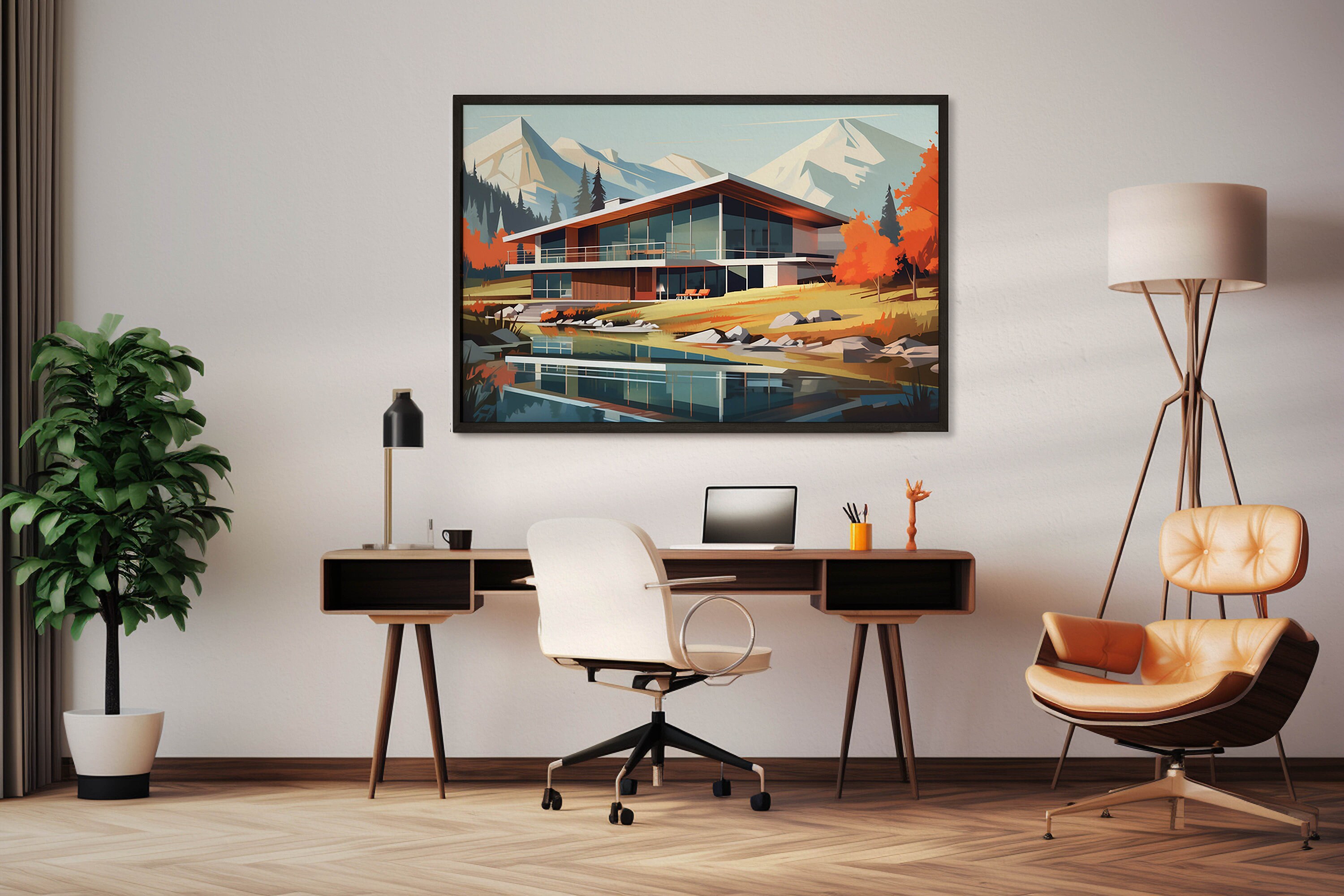 Montana Riverside Retreat Art, Mid-century Modern Inspired Digital ...