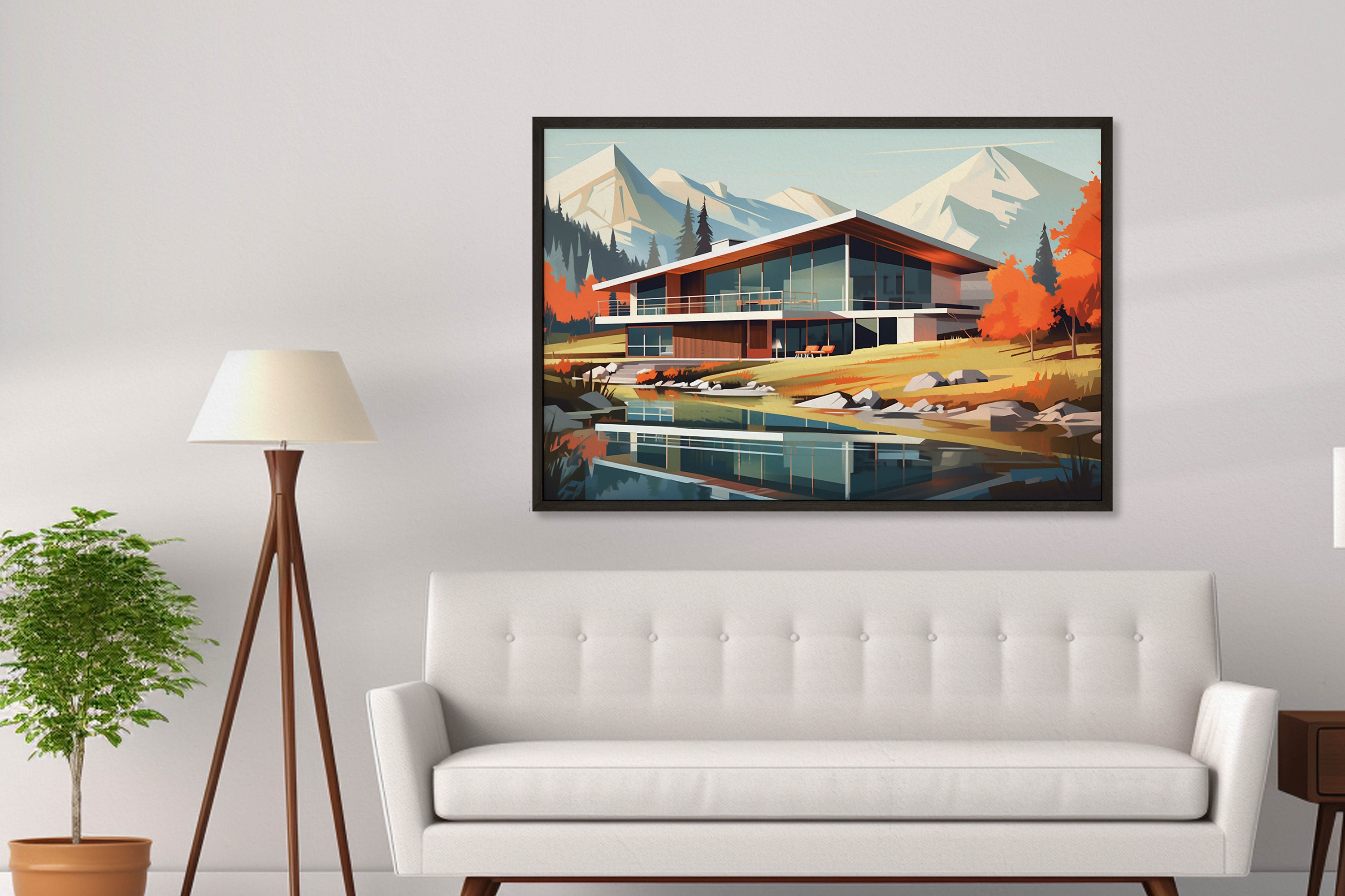 Montana Riverside Retreat Art, Mid-century Modern Inspired Digital ...