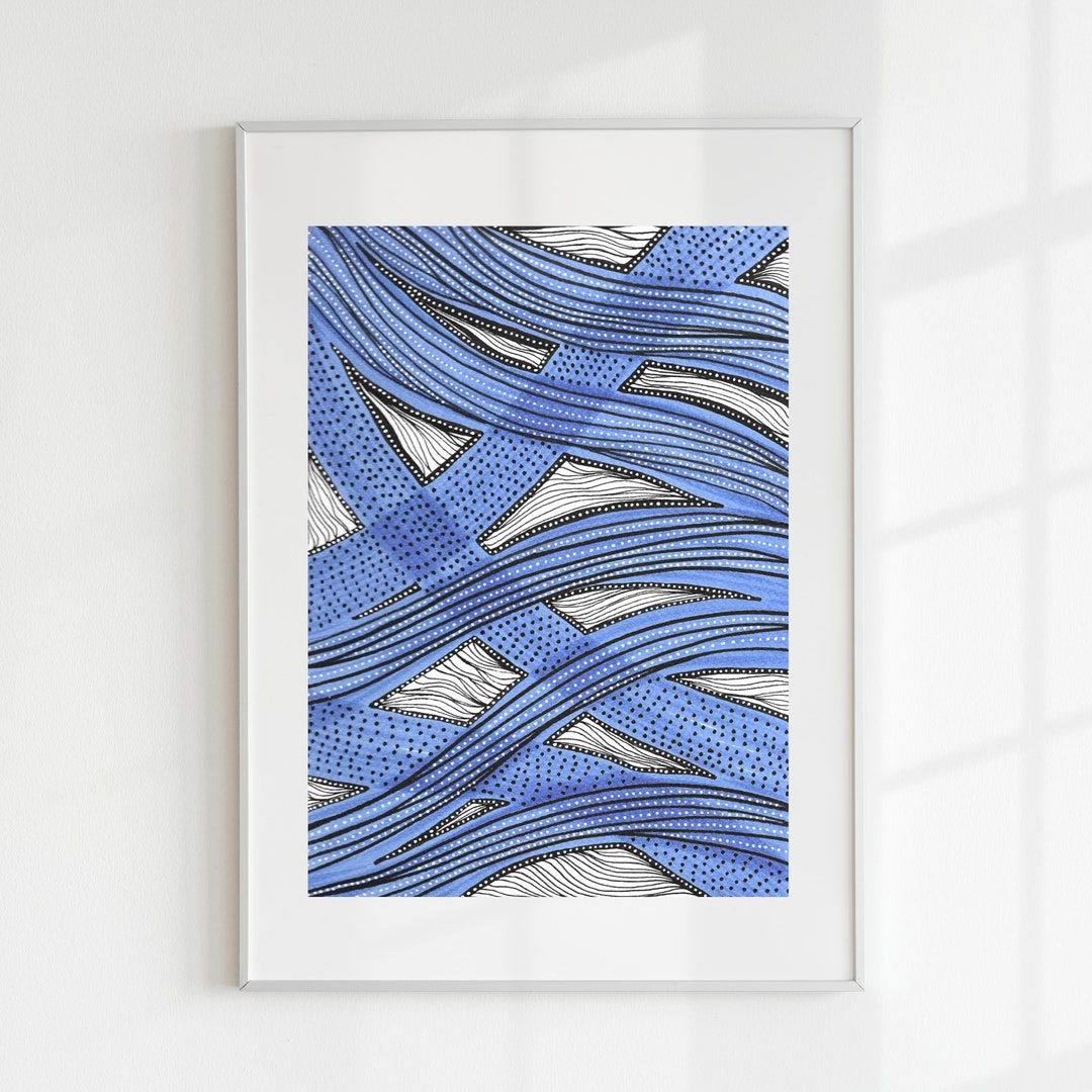 Blue Abstract Wall Art Original Lines Drawing Modern Ink Drawing Unique ...