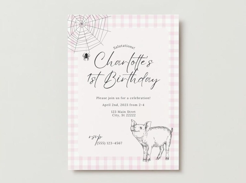 Charlotte's Web Birthday Invitation Template DIGITAL DOWNLOAD Cute Girl ...
