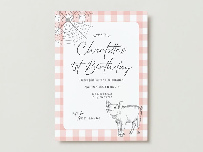 Charlotte's Web Birthday Invitation Template DIGITAL DOWNLOAD Cute Girl ...