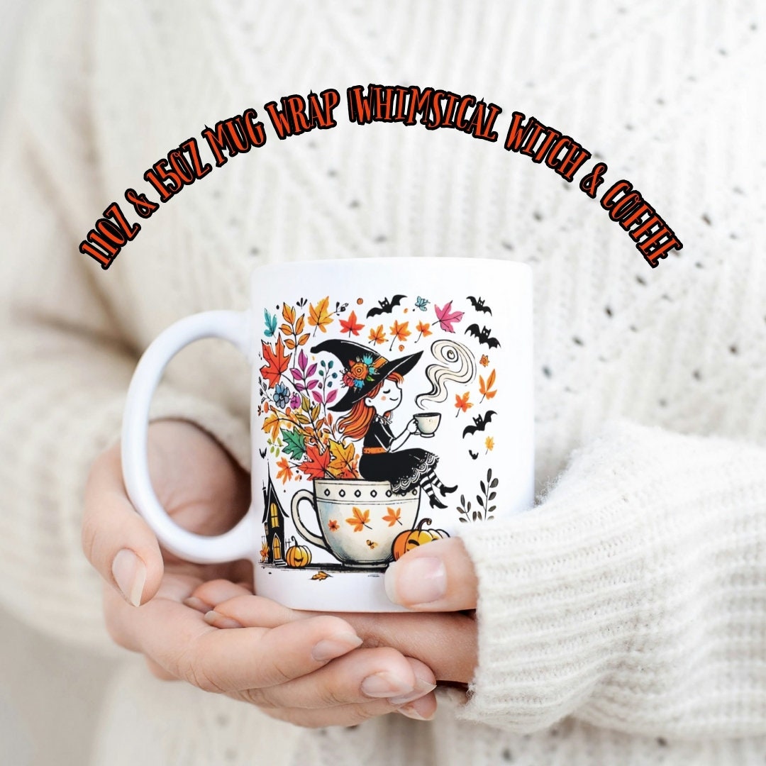 Whimsical Witch 11oz & 15oz Mug PNG, Cozy Fall Coffee Design, Autumnal ...