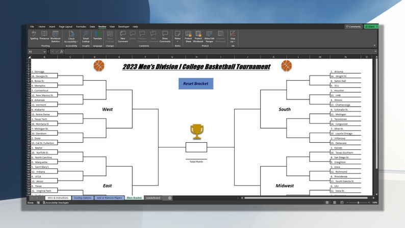 College Basketball Tournament Excel Template College - Etsy