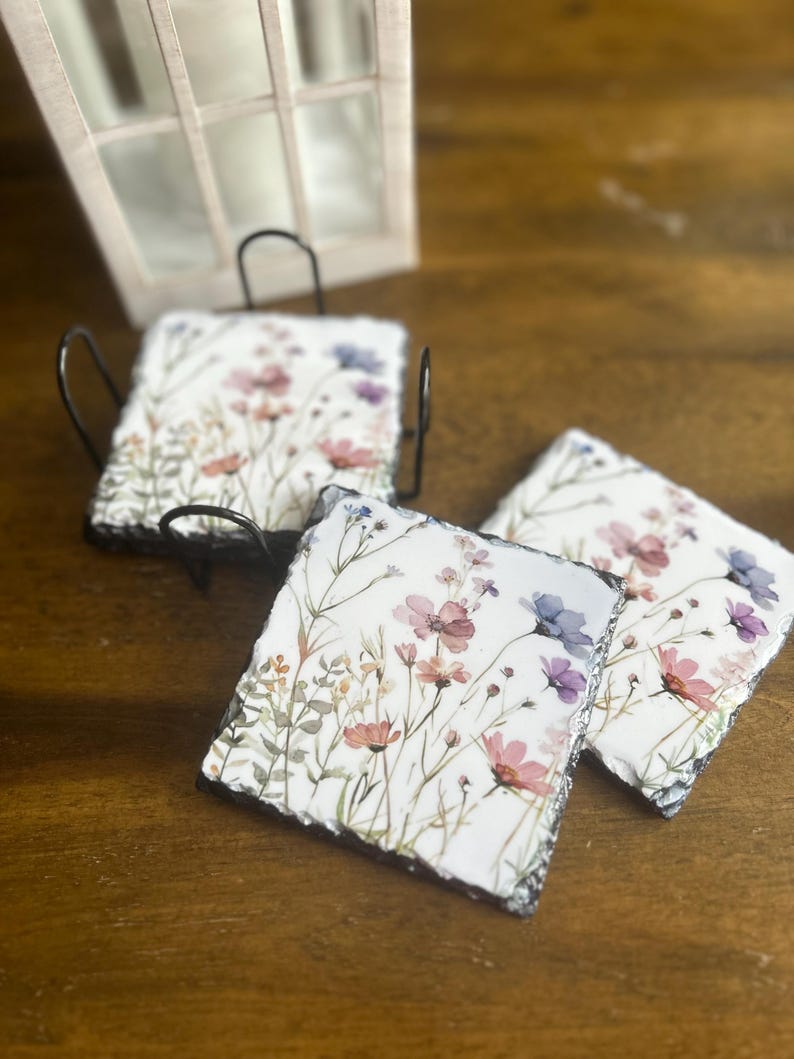 Wildflower Slate Coaster – Natural Stone, Eco-friendly, Unique Home ...