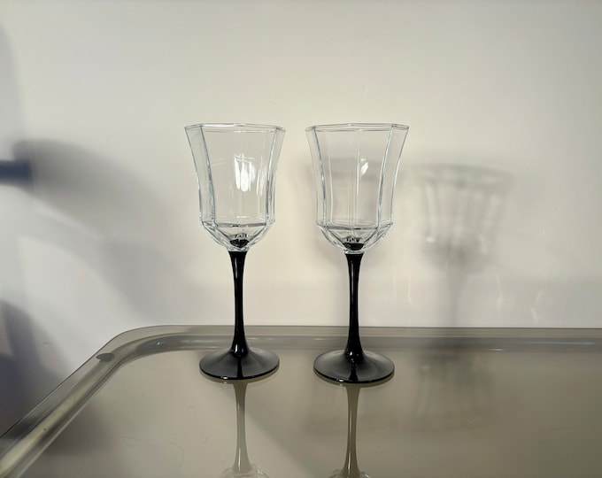 Vintage Pair of 1980s Luminarc Octime Black Stem Octagonal Goblet Wine ...