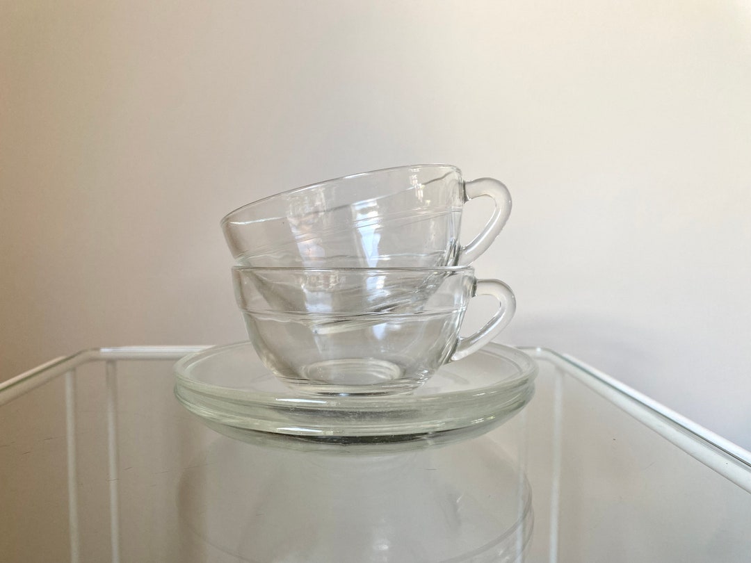 Pair of Duralex Clear Tempered Glass Coffee Cups & Saucers Vintage ...
