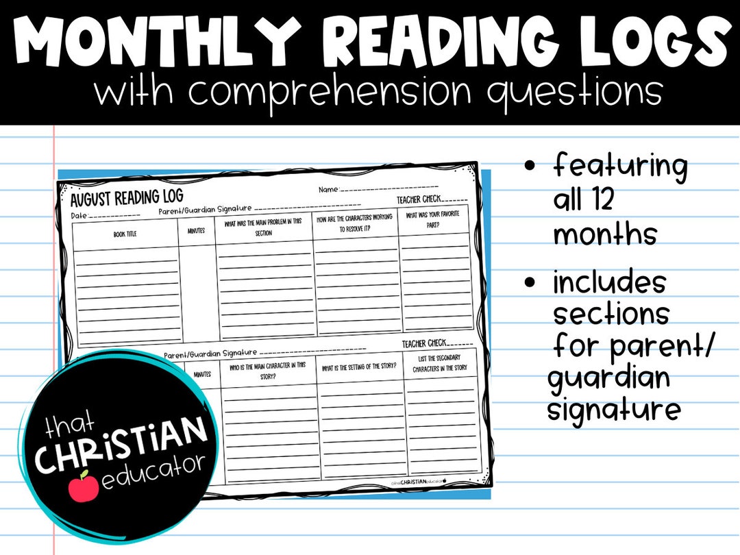 Monthly Reading Logs With Comprehension Questions - Etsy