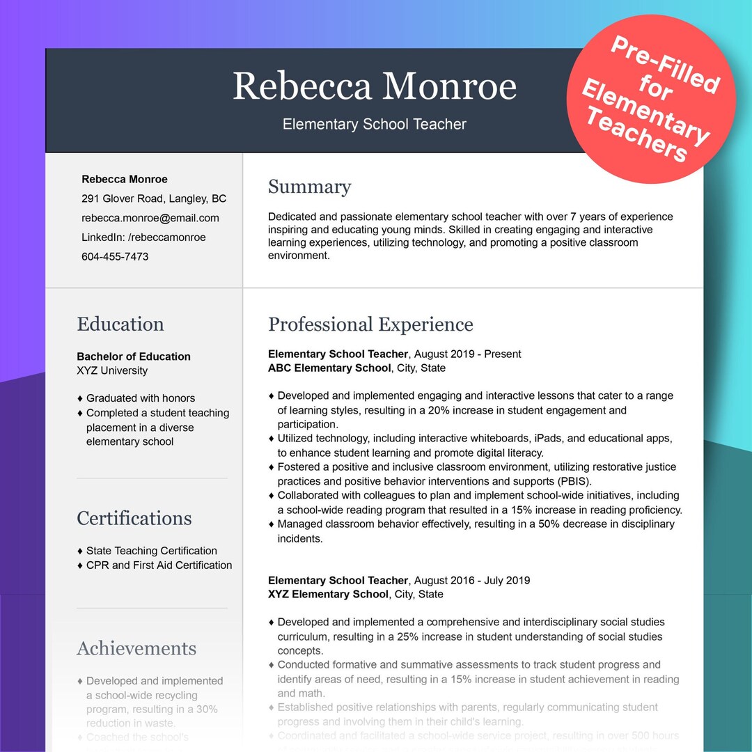 Resume for Teachers Pre-filled With Real Examples You Can Use, With 2 ...