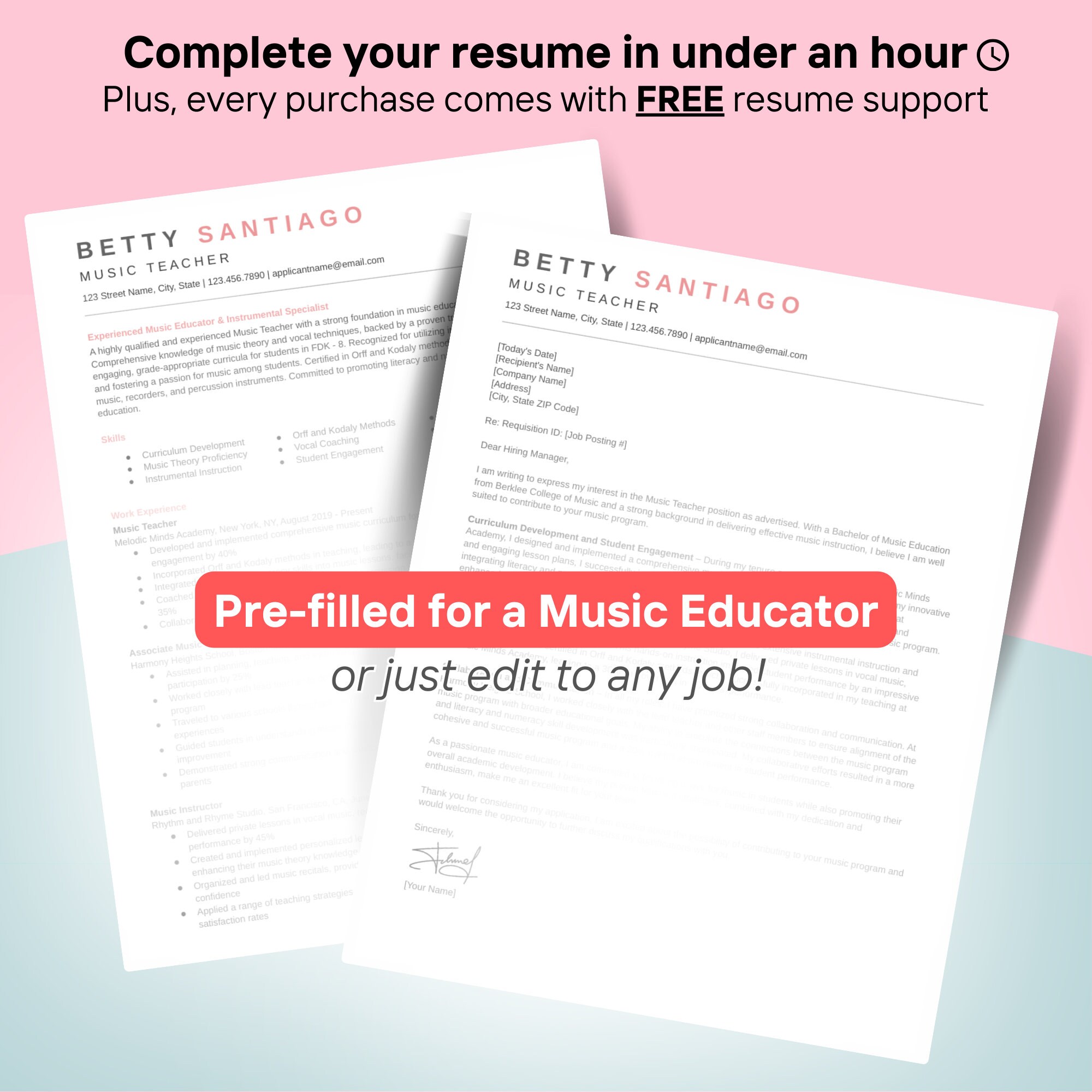 Music Teacher Resume & Cover Letter - Populated Template, ATS Friendly ...