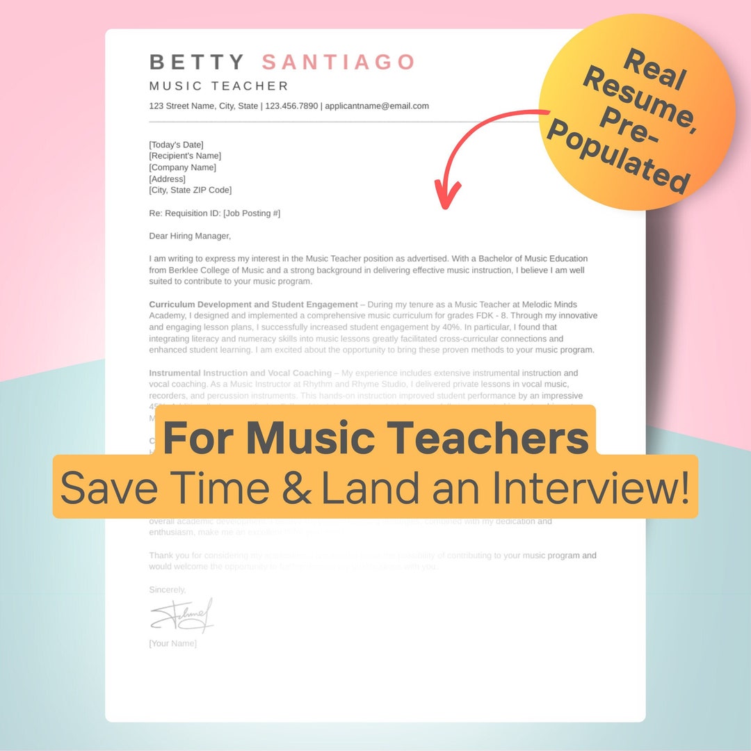 Music Teacher Resume & Cover Letter - Populated Template, ATS Friendly ...