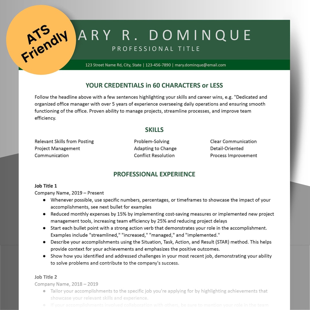 Resume Template and Cover Letter, Pre-filled With Tips & Examples, ATS ...