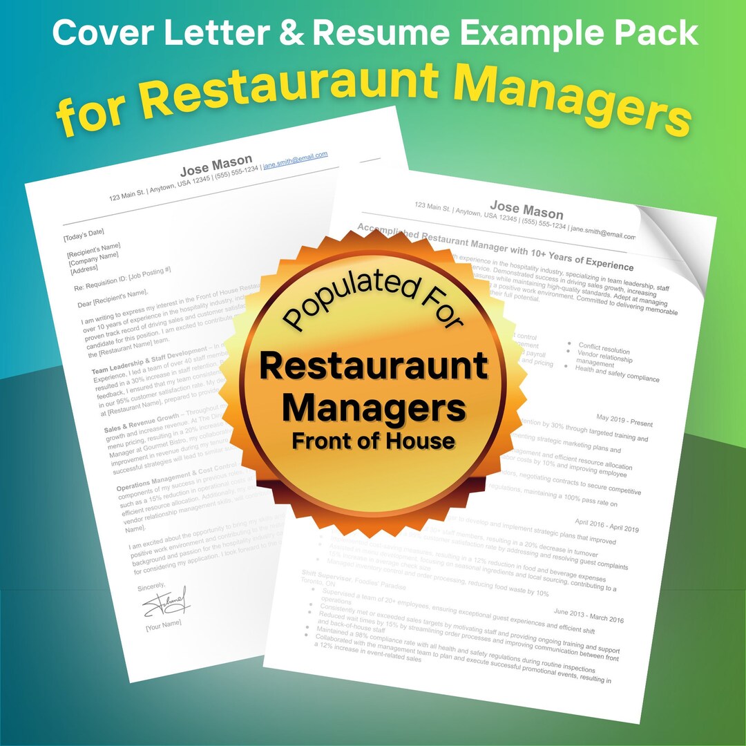 Restaurant Manager Example Resume and Cover Letter Pack: Expertly ...