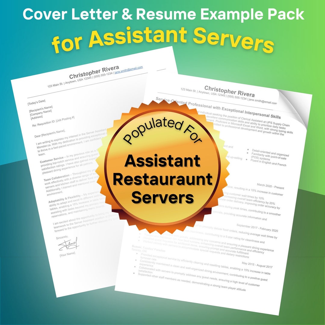 Assistant Restaurant Server Example Resume and Cover Letter Pack ...