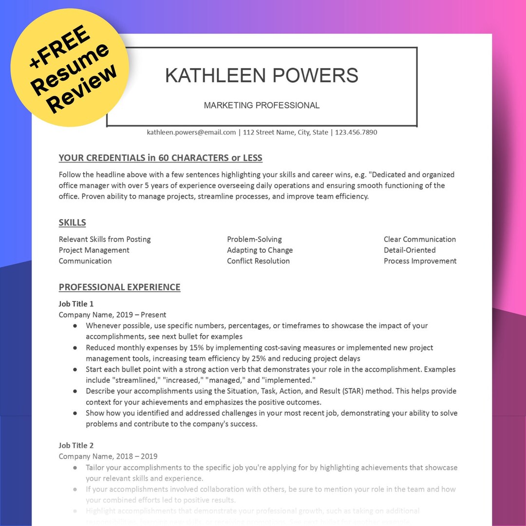 Resume Template and Cover Letter, Filled With Tips & Examples, ATS ...