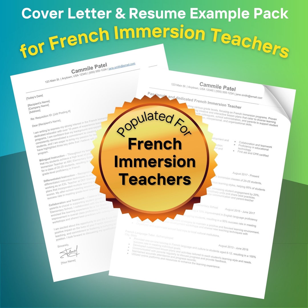 French Immersion Teacher Example Resume and Cover Letter Pack: Expertly ...