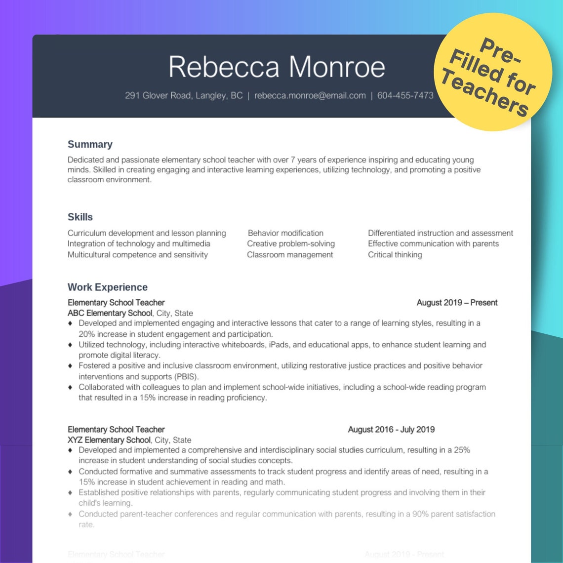 Resume for Teachers, Populated and Filled With Real High Quality ...