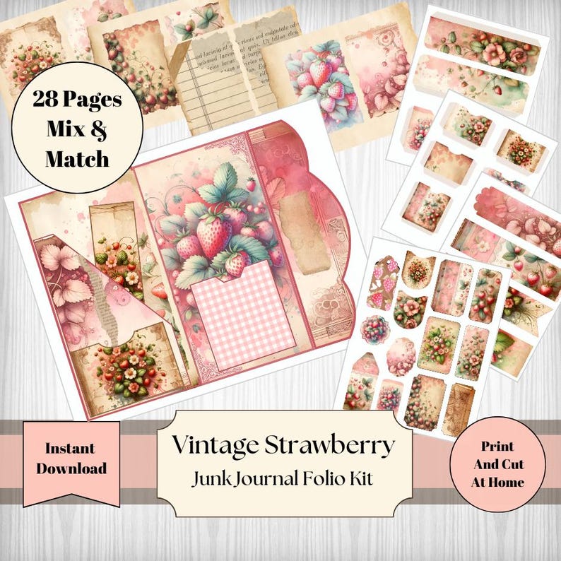 Vintage Strawberry Junk Journal Folio Kit 28 Pages Junk Journal ...