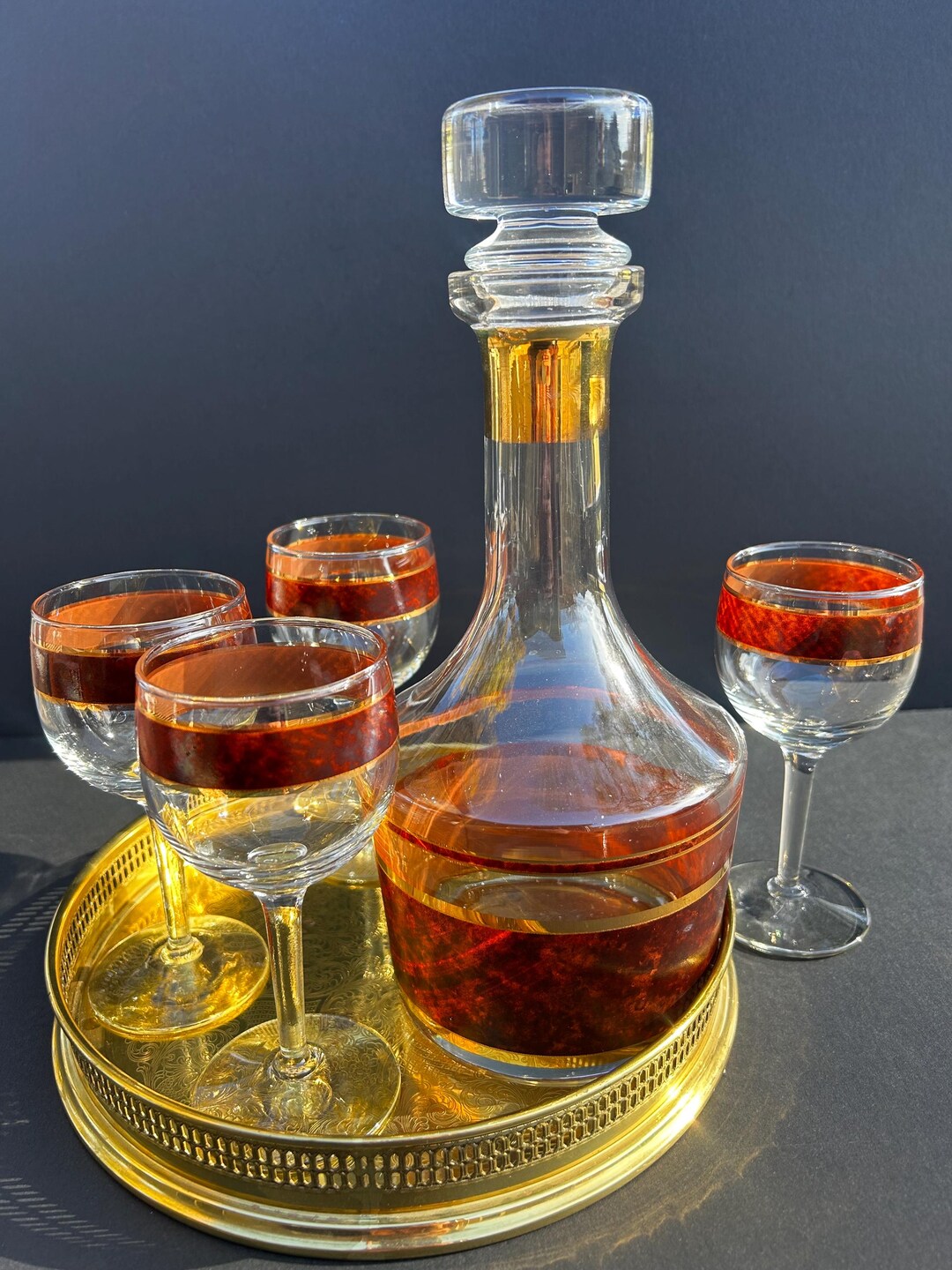 Culver Tortoise and Gold Decanter and Glasses… Set of 4 Glasses - Etsy