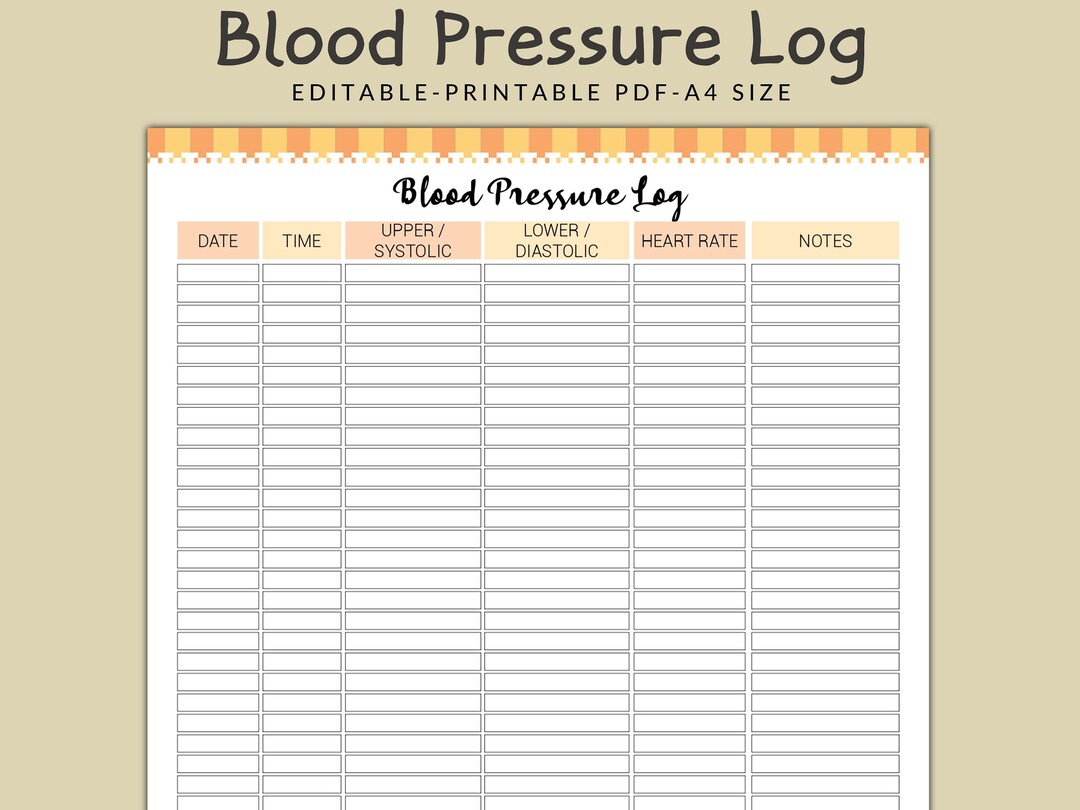 Blood Pressure Log Editable Printable Monthly Blood Pressure - Etsy