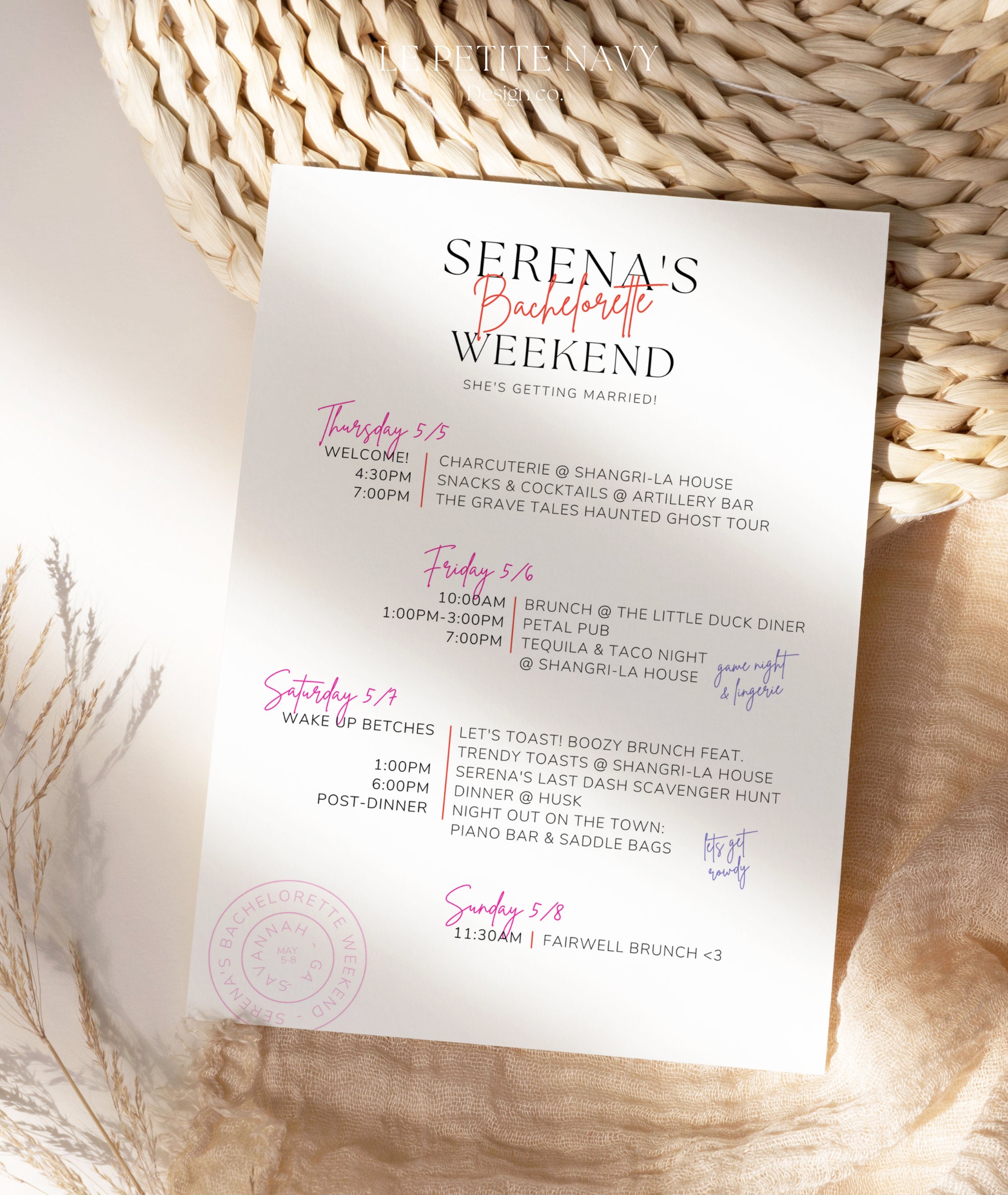 SERENA Bachelorette Itinerary Template | Chic and Modern Pink ...