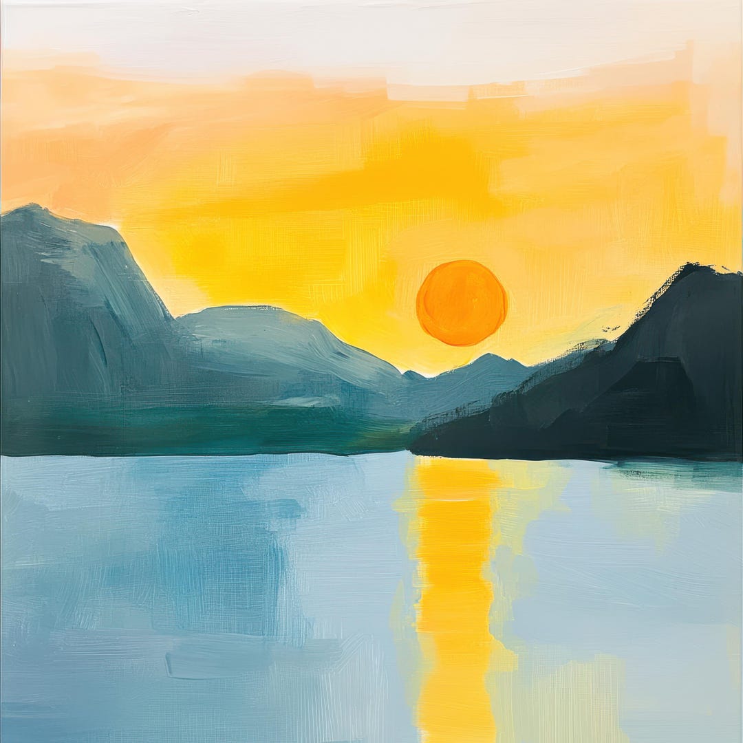 Modern Sunset Landscape Art Print: Abstract Mountain Painting (digital ...