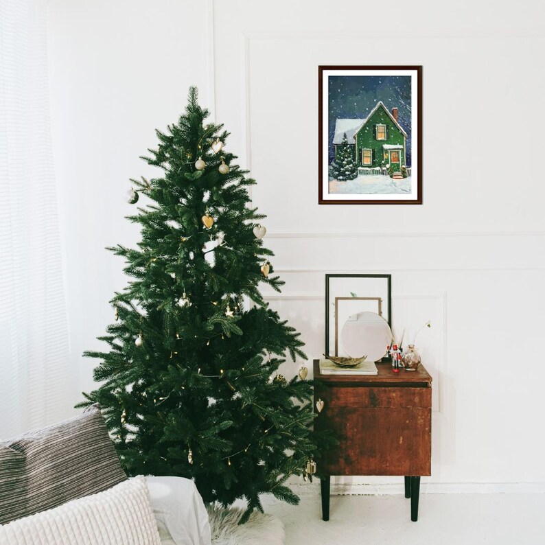 Snowy Green Christmas Cottage Art Print: Festive Winter Scene (digital ...
