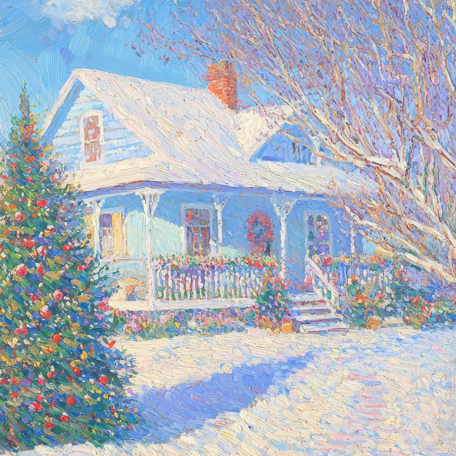 Impressionist Christmas Cottage Digital Art Print | Festive Winter ...