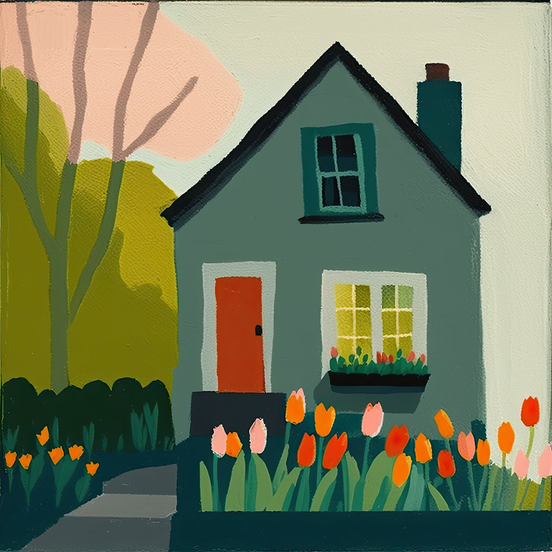 Little House With Tulips | House Art Print | Abstract Art | Floral ...