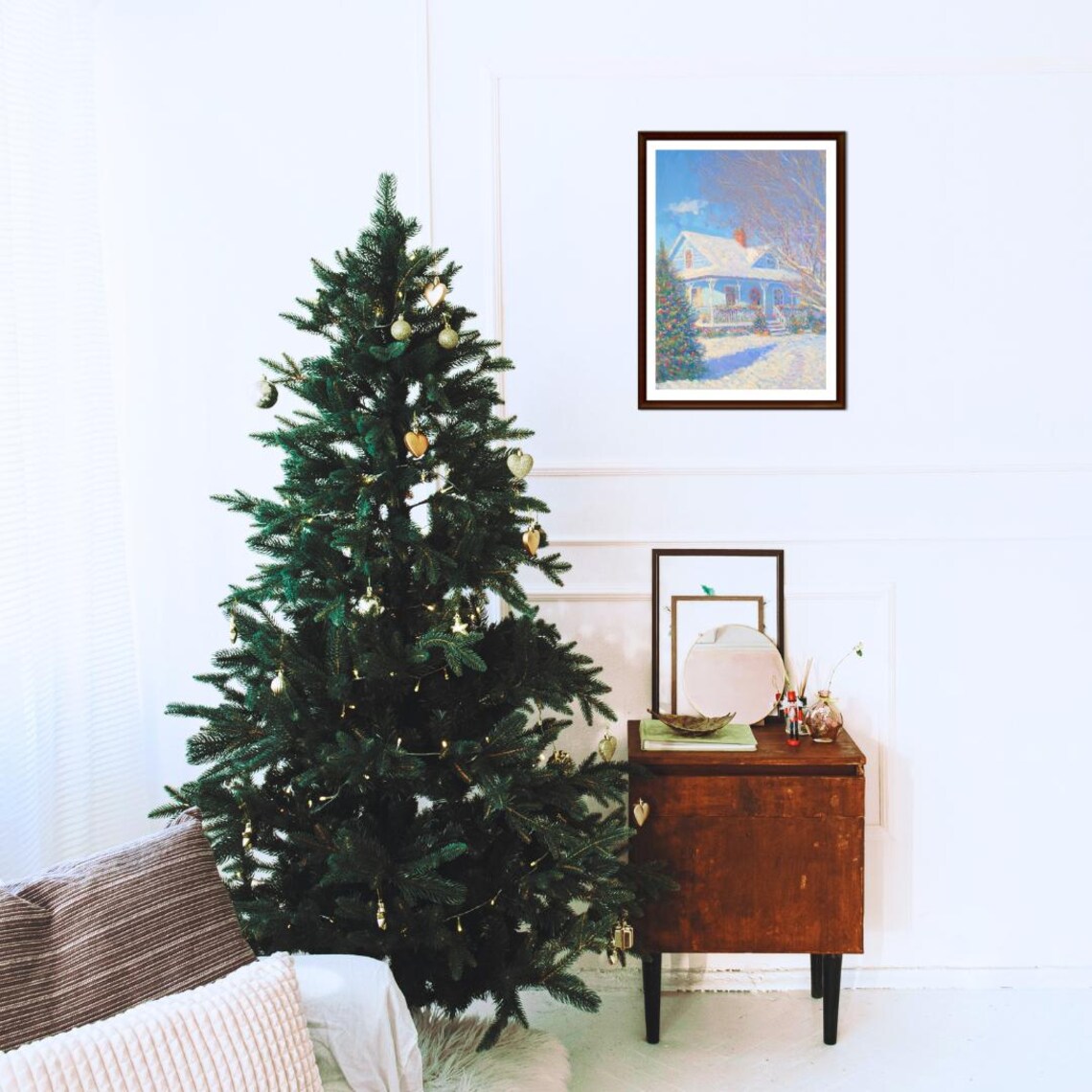 Impressionist Christmas Cottage Art Print: Festive Winter Scene ...