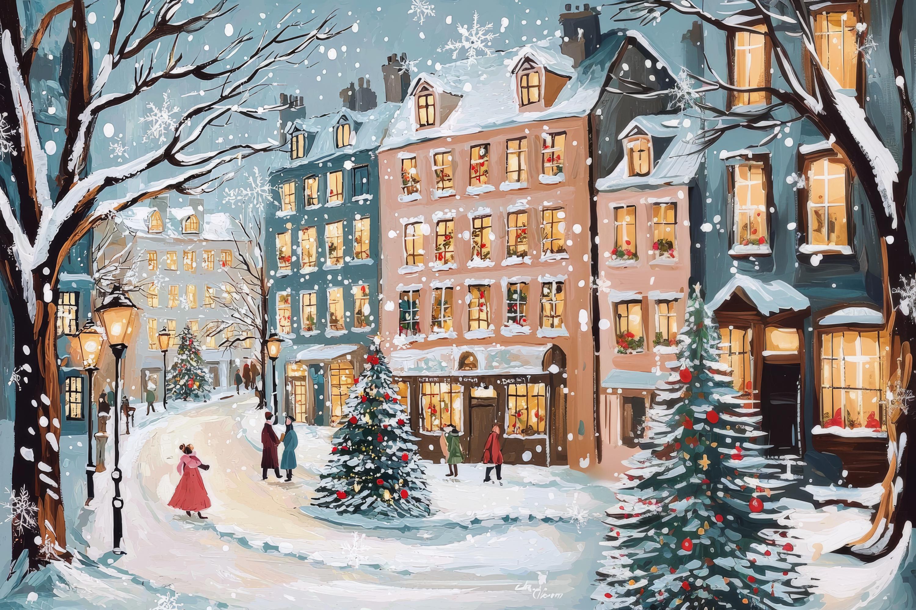 Charming Snowy Christmas Village Digital Art Print | Holiday Wall Decor ...