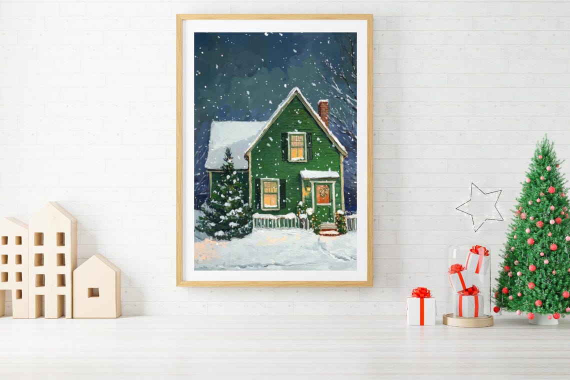 Snowy Green Christmas Cottage Art Print: Festive Winter Scene (digital ...
