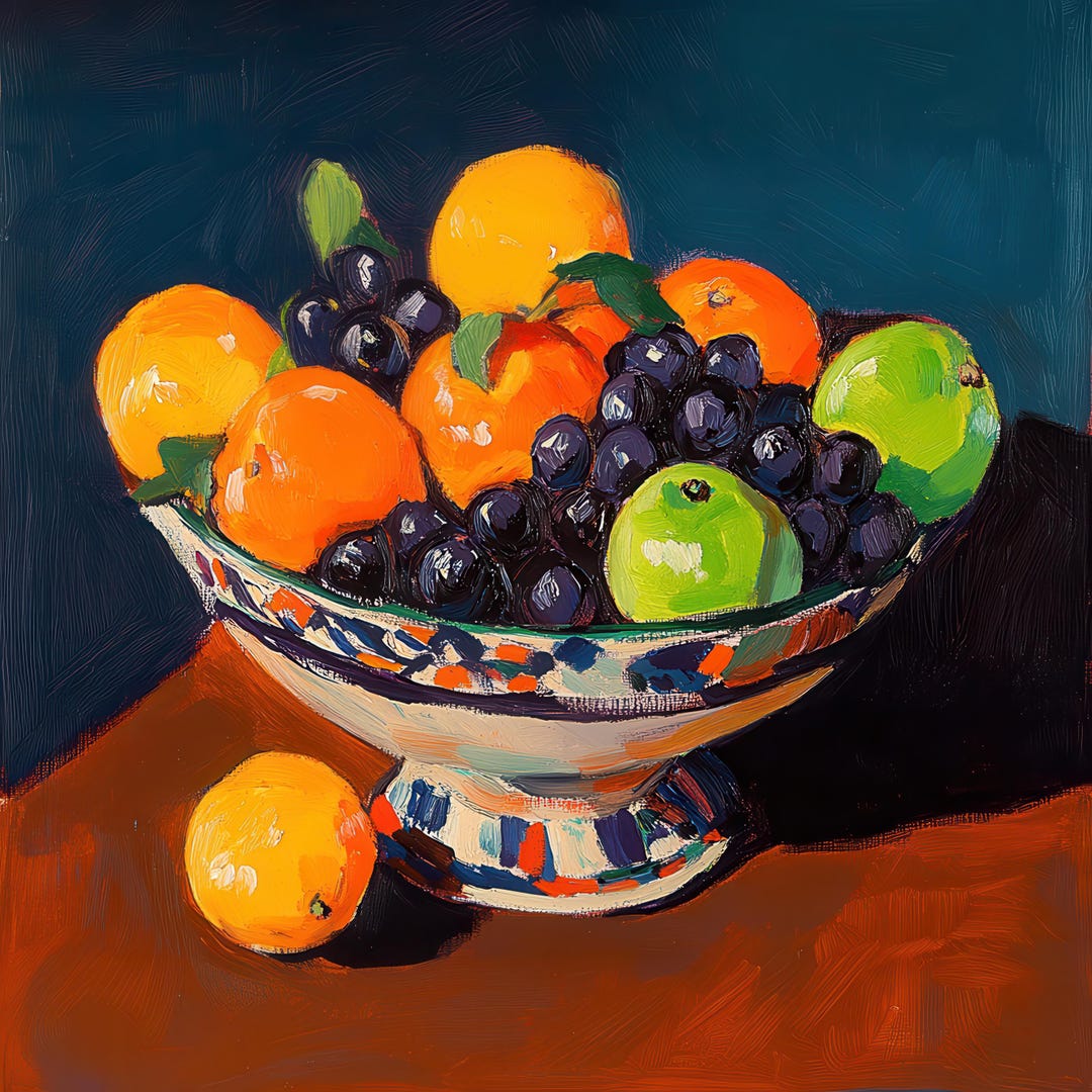 Colorful Fruit Bowl Art Print Still Life Kitchen Wall Art Antique