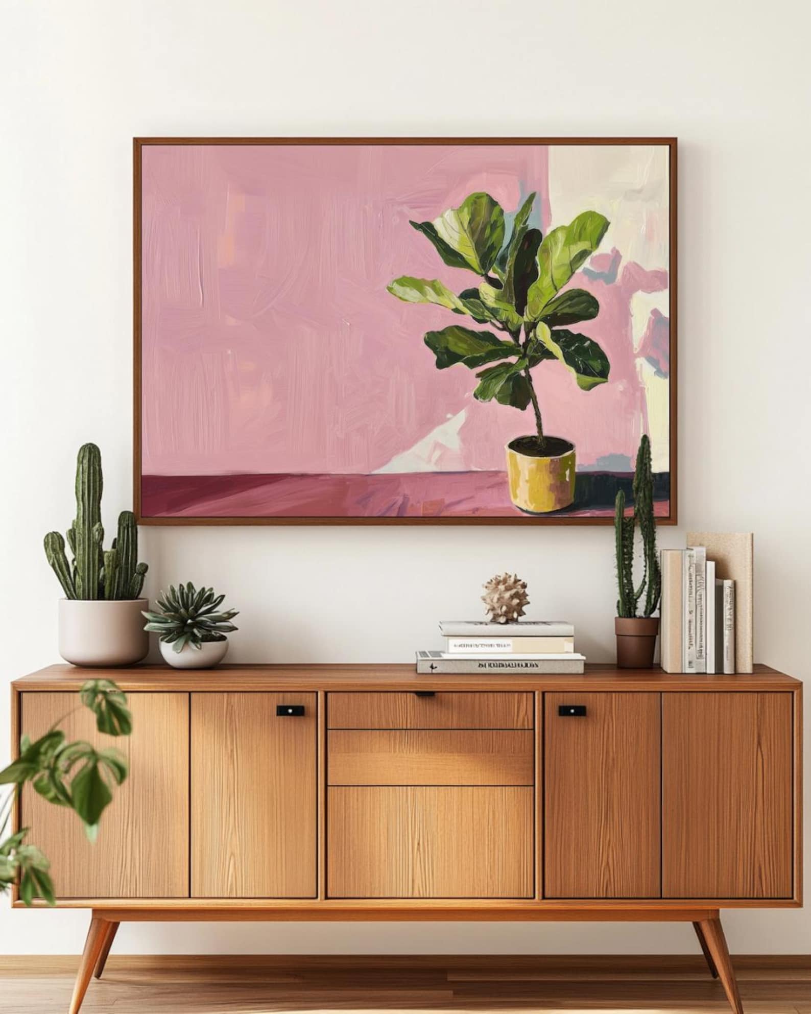 Fiddle Leaf Fig Plant Art Print: Modern Pink Botanical Decor (digital ...