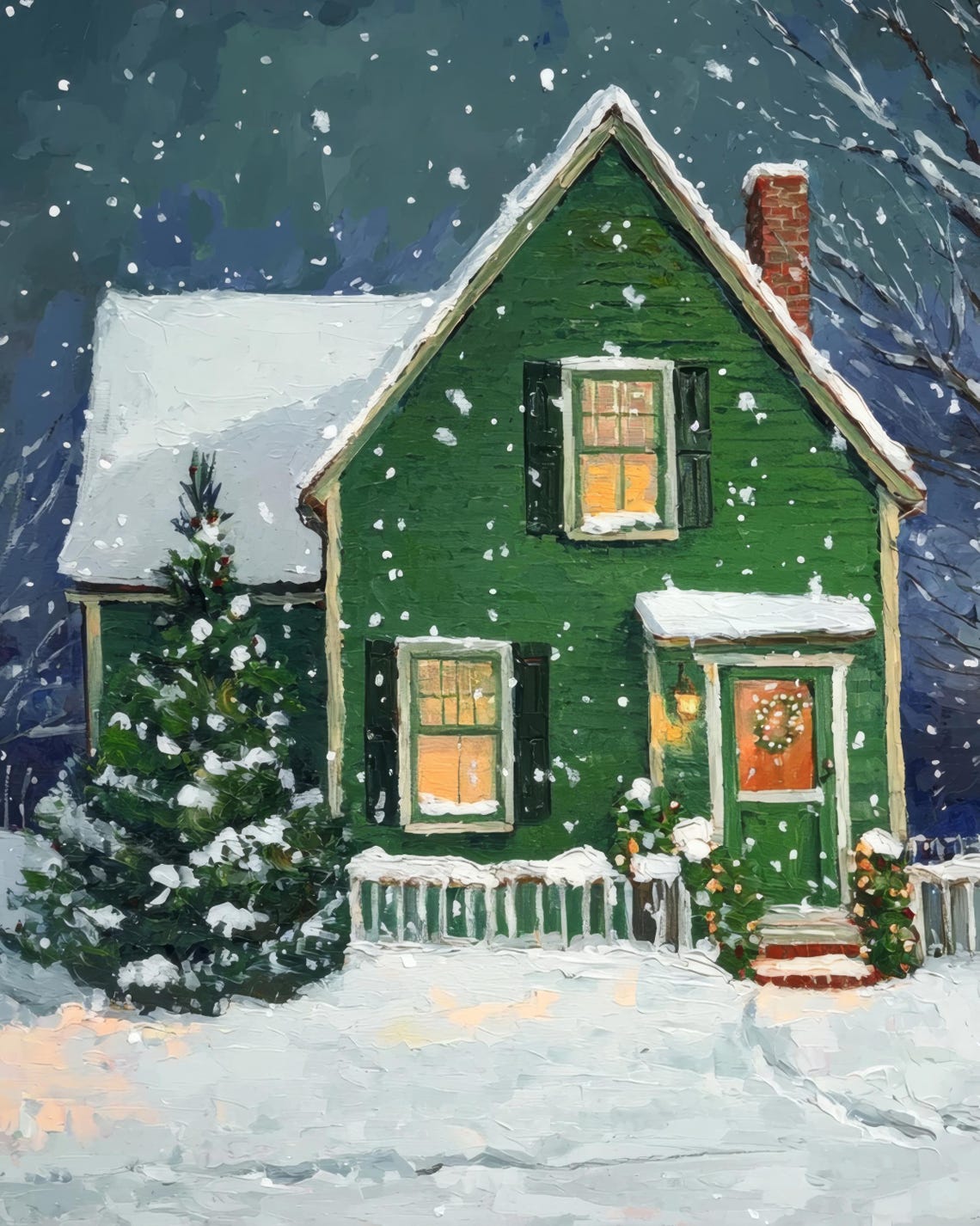 Snowy Green Christmas Cottage Art Print: Festive Winter Scene (digital ...