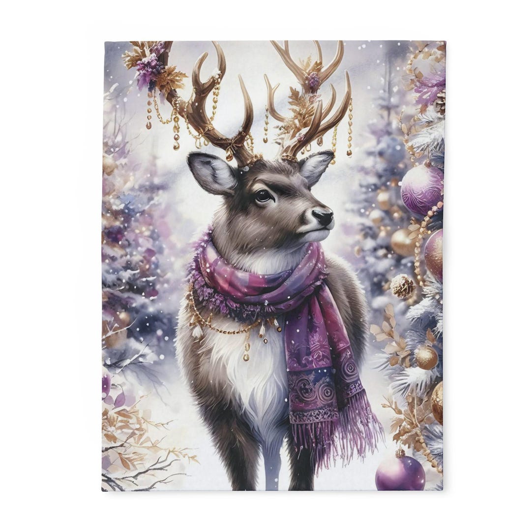 Fleece Blanket: Purple Reindeer in Winter Wonderland With Gold Accents ...