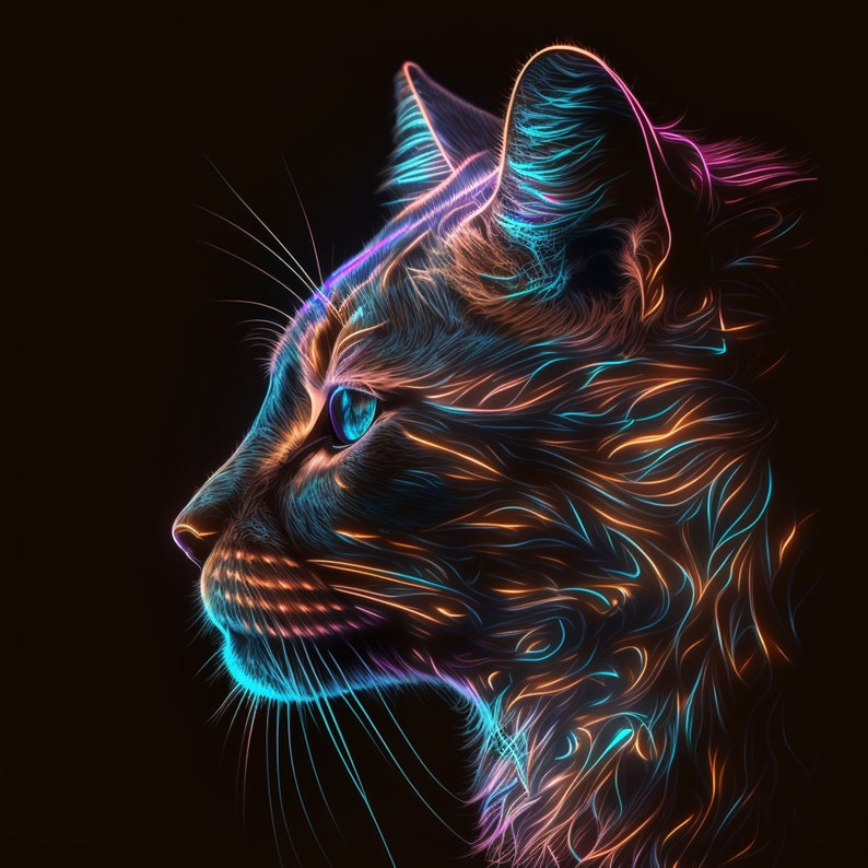 Digitally Created Neon Cat Print., Digital Print, Instant Download ...