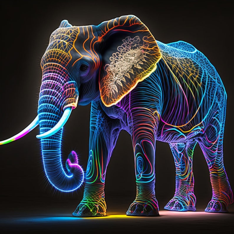 Digitally Created Neon Elephant Print., Digital Print, Instant Download ...