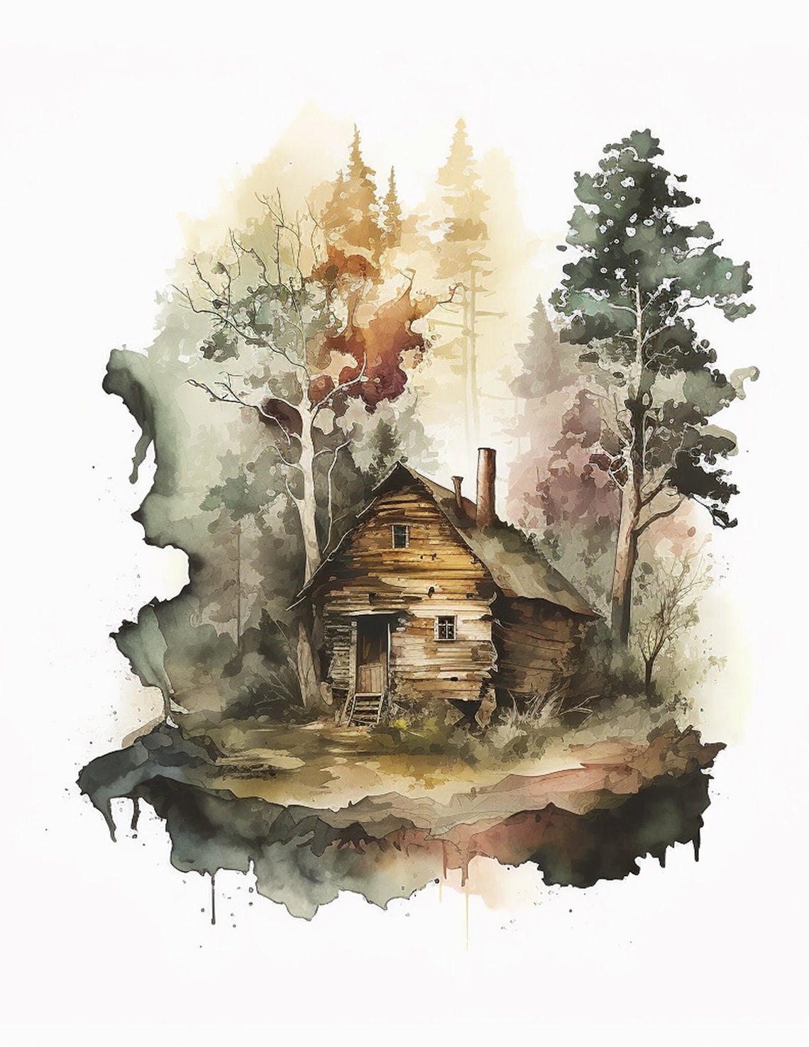 Rustic Cabin Watercolor Digital Print Digital Print, Instant Download ...